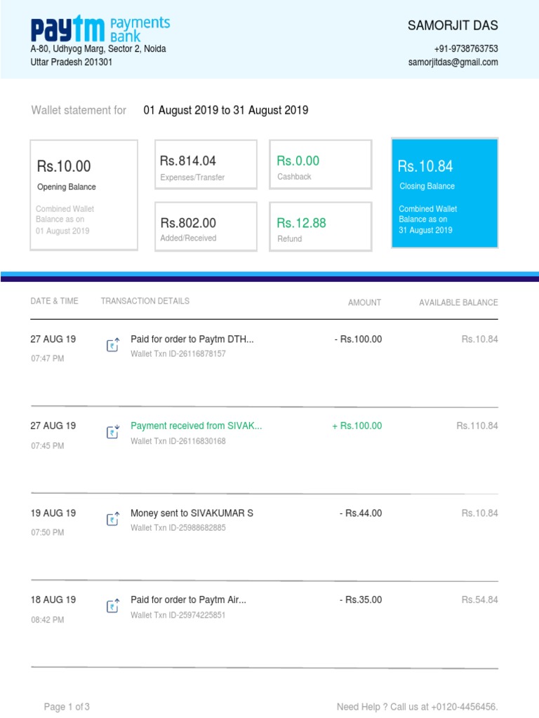 Paytm Statement Aug2019 9738763753 | PDF | Money | Banking