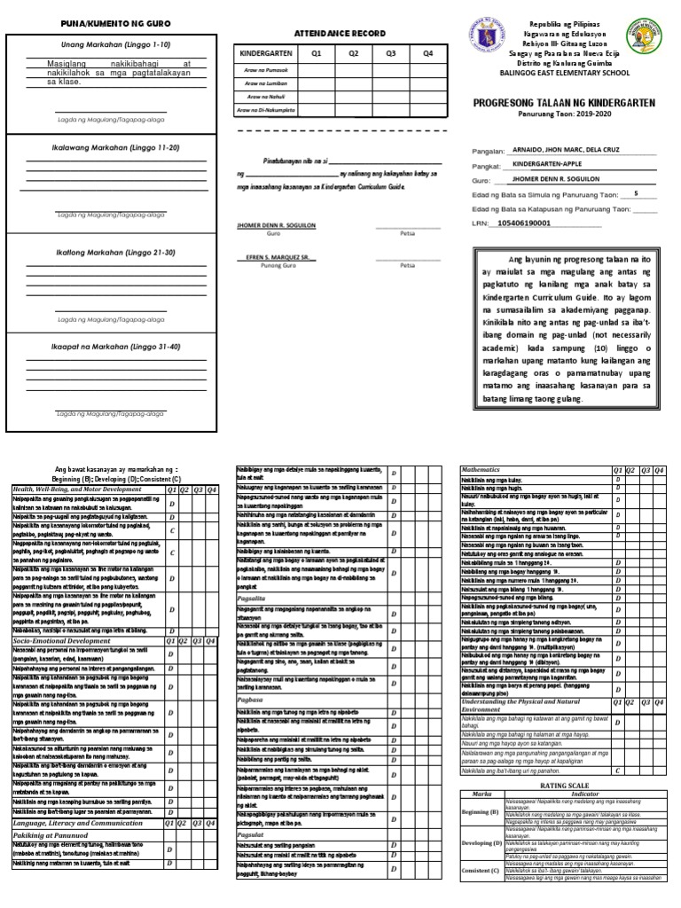 Progress Report Card Tagalog 2016 2017 | PDF