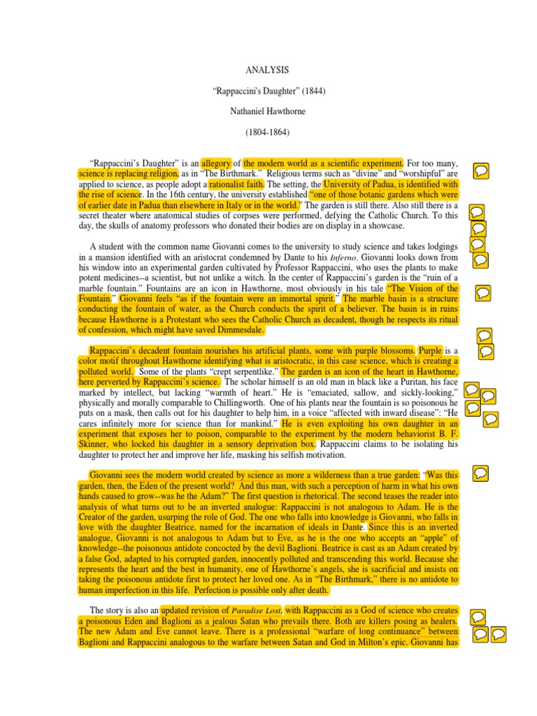 #Hawthorne, Nathaniel Rappaccinis Daughter (1844) Analysis | PDF ...