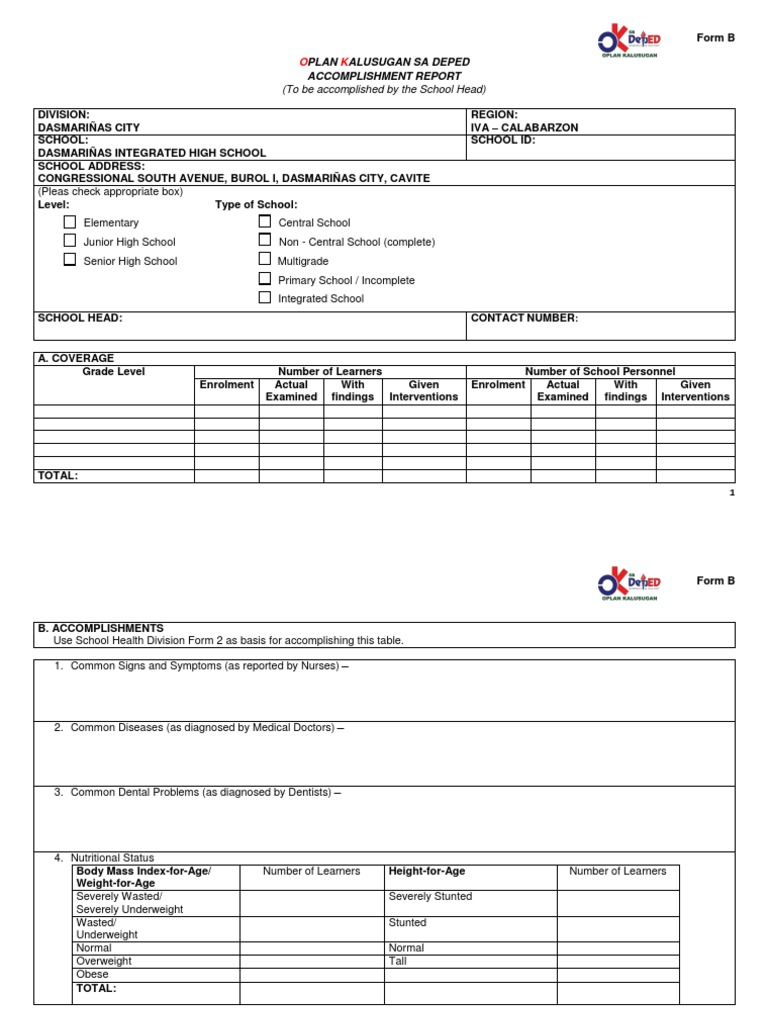 Oplan Kalusugan Form B | PDF | Obesity | Medical Specialties
