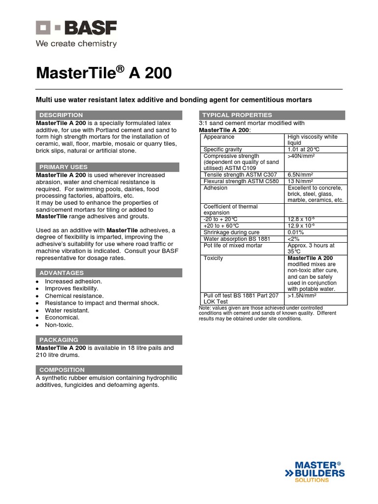Basf Mastertile A 200 Tds | PDF | Mortar (Masonry) | Concrete