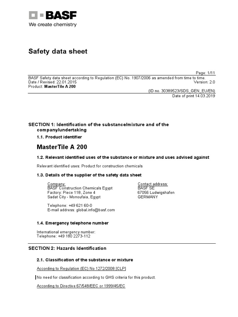 Mastertile A 200 Msds PDF | PDF | Toxicity | Dangerous Goods