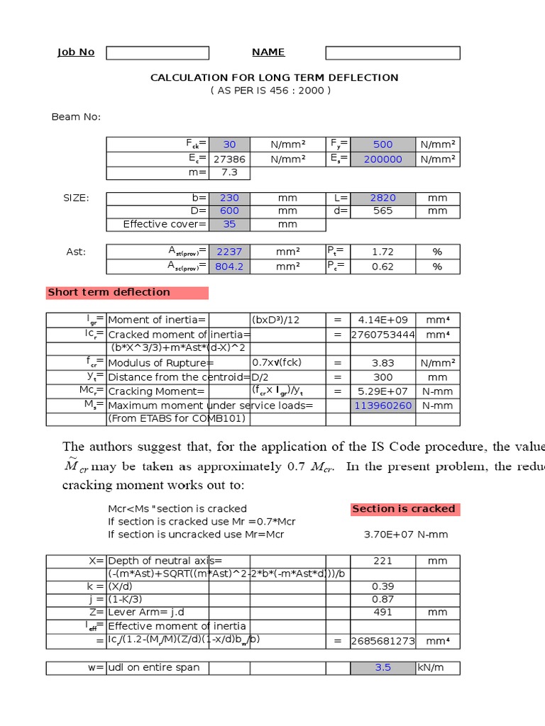 Job No Name Calculation For Long Term Deflection: CK 2 y 2 2 S 2 ...