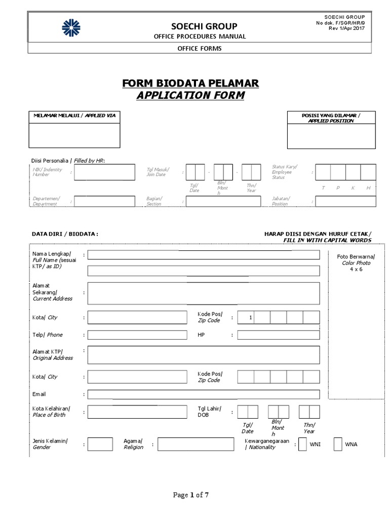 Formulir Biodata Pelamar Soechi | PDF