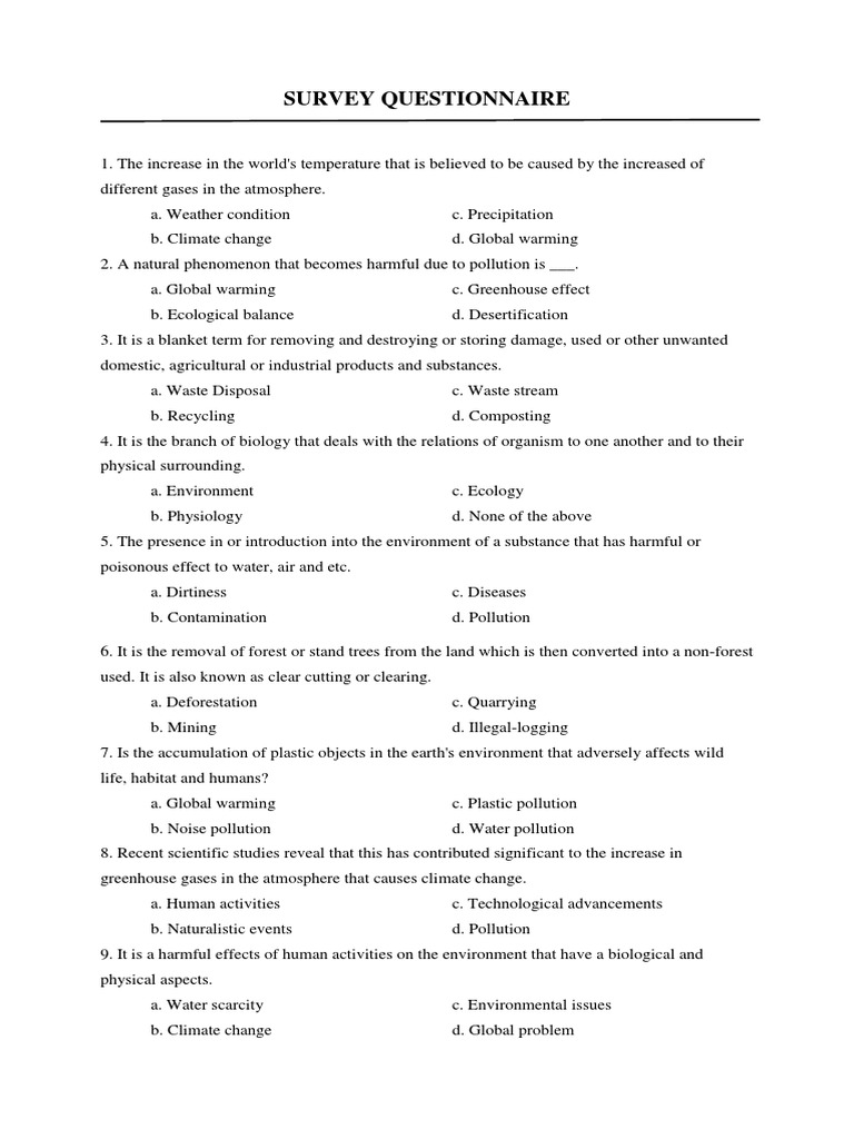 Survey Questionnaire (Bped 1-b) | PDF | Pollution | Human Impact On The ...
