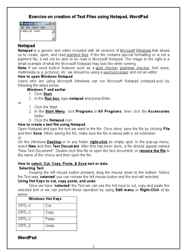 Exercise On Creation of Text Files Using Notepad, Wordpad | PDF | File ...