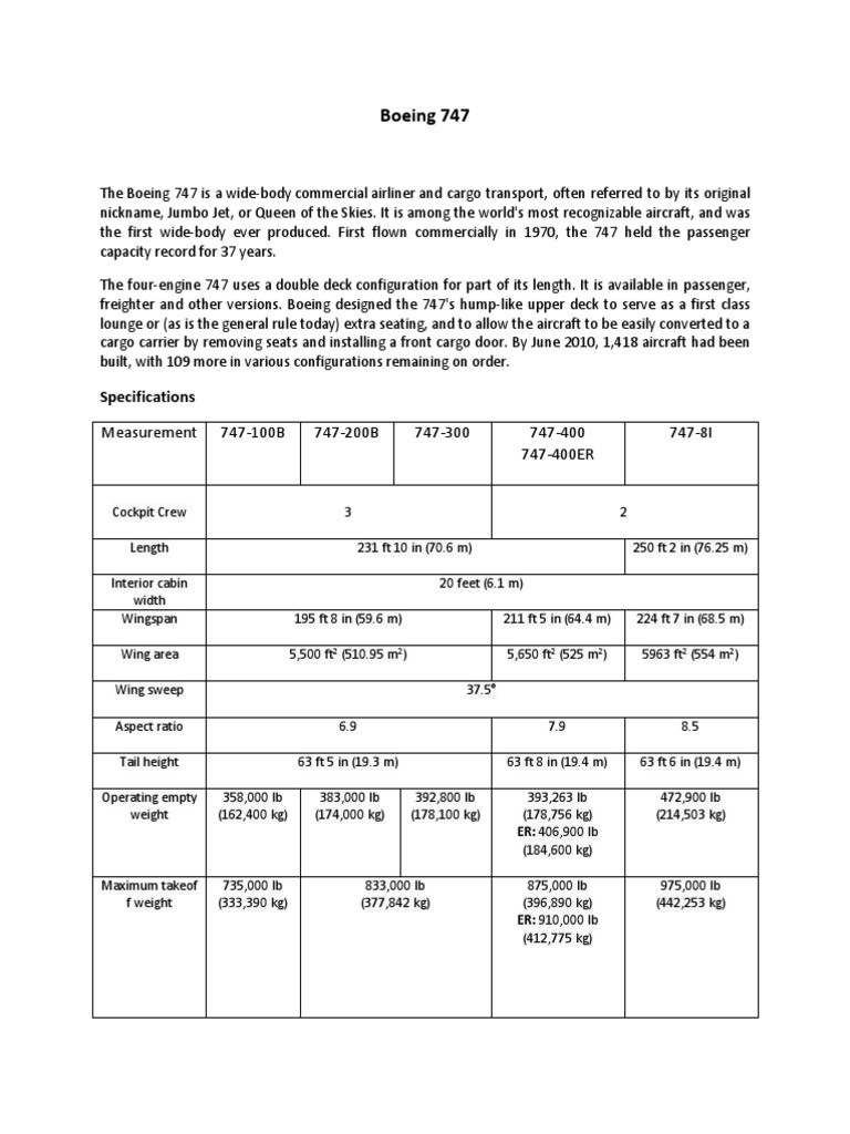 Boeing 747 Specifications | PDF | Aviation | Aircraft