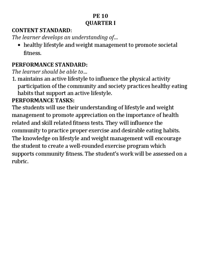 PE 10 Performance Tasks Overview | PDF | Physical Fitness | Weight ...