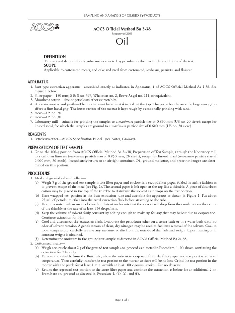 Scope: AOCS Official Method Ba 3-38 | PDF | Cottonseed | Evaporation