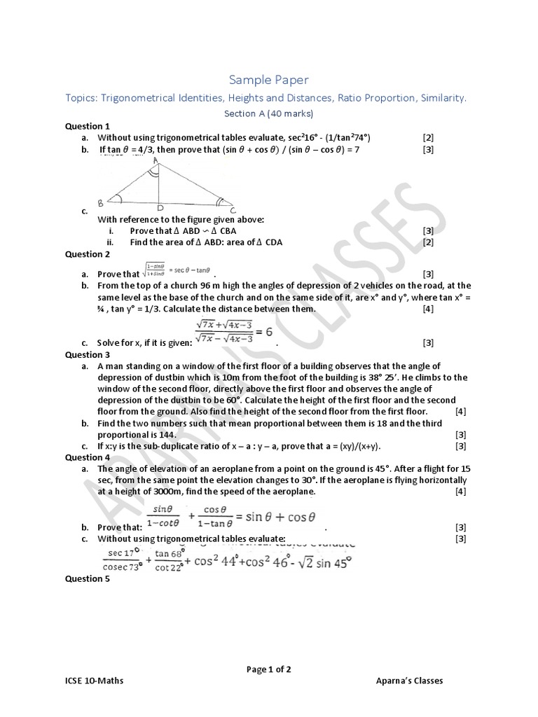 Sample Paper: Topics: Trigonometrical Identities, Heights and Distances ...