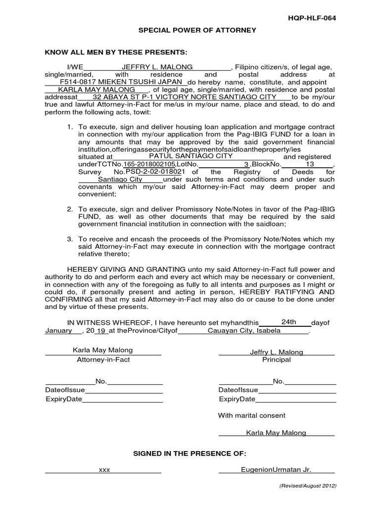 Special Power of Attorney (SPA, HQP-HLF-064, V02) | PDF | Power Of ...