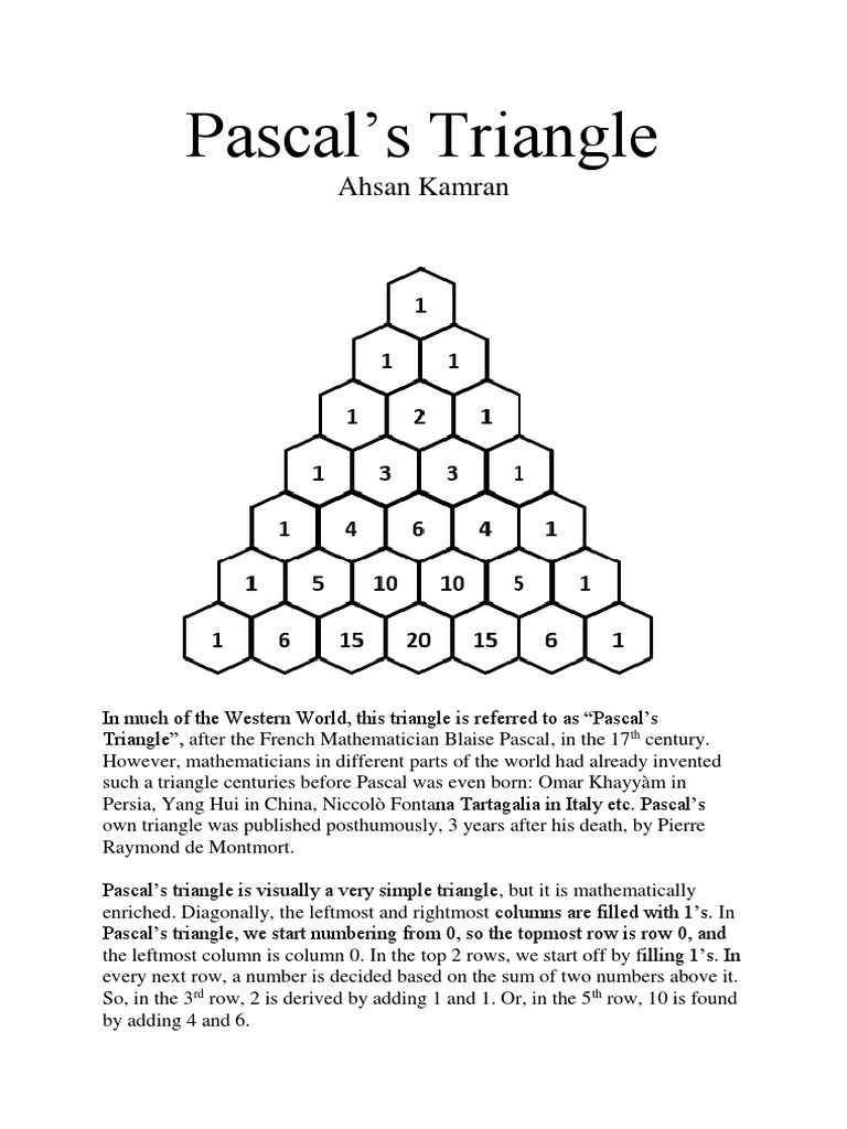Pascal's Triangle: Ahsan Kamran | PDF | Combinatorics | Algebra