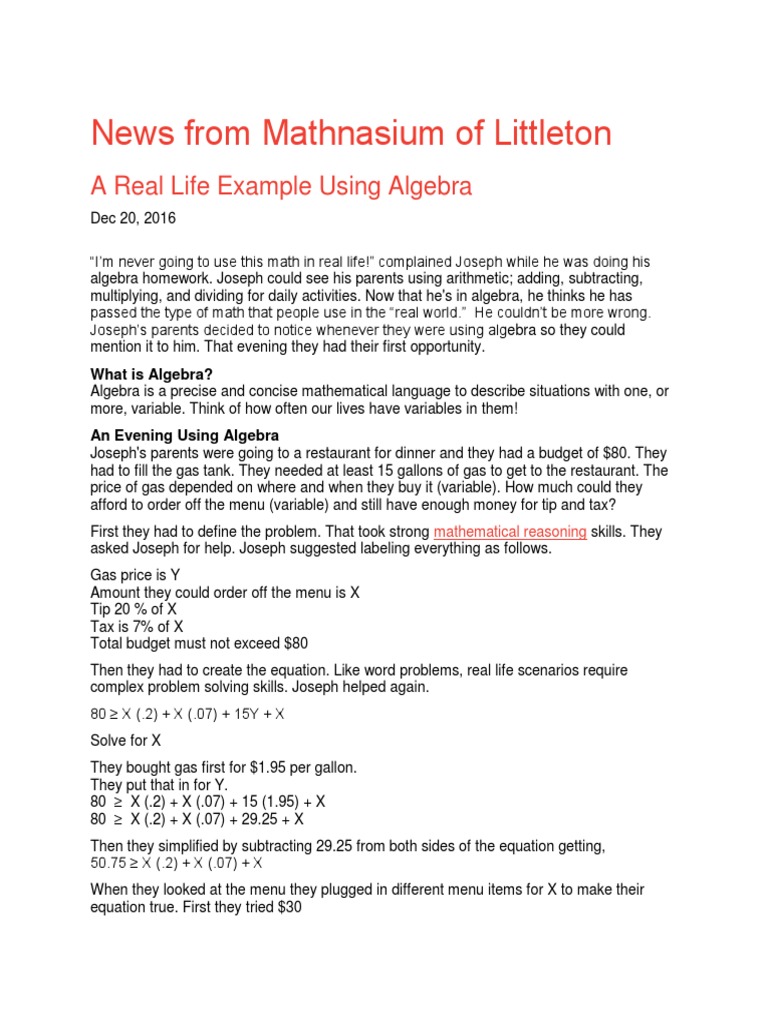 Algebra in Real Life | PDF | Algebra | Teaching Mathematics