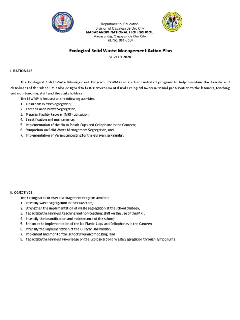Ecological Waste Management Plan 2019-2020 | PDF | Waste Management | Waste