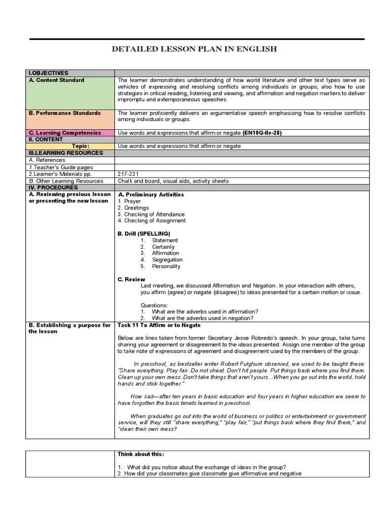 Affirm and Negate | PDF | Lesson Plan | Learning