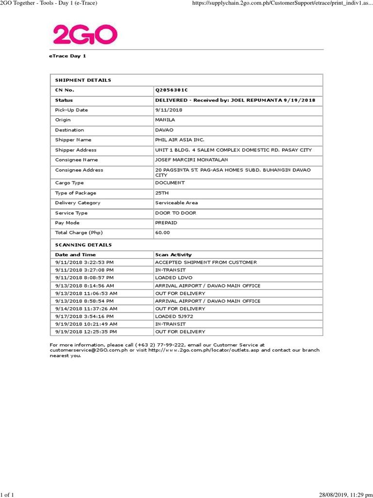 2GO Together - Tools - Day 1 (E-Trace) | PDF | Cargo | Services (Economics)