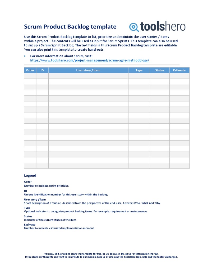 Scrum Product Backlog Template: Order ID User Story / Item Type Status ...
