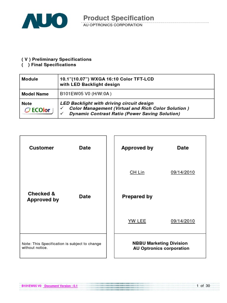Product Specification: (V) Preliminary Specifications Final ...