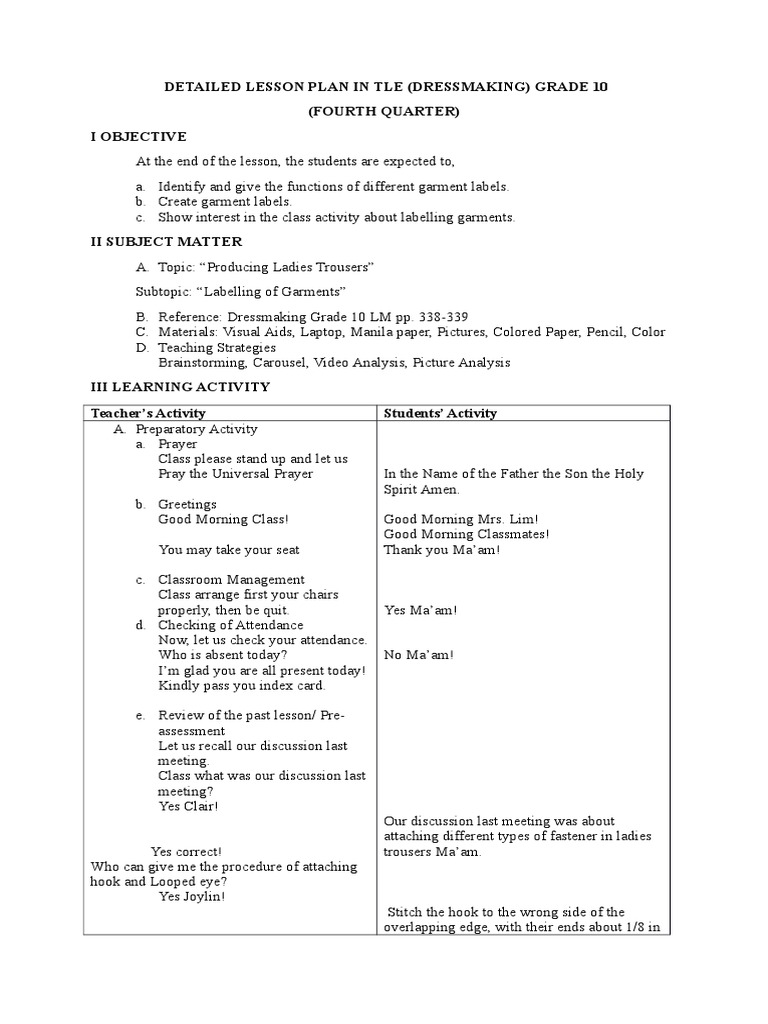 Lesson Plan | PDF | Trousers | Clothing