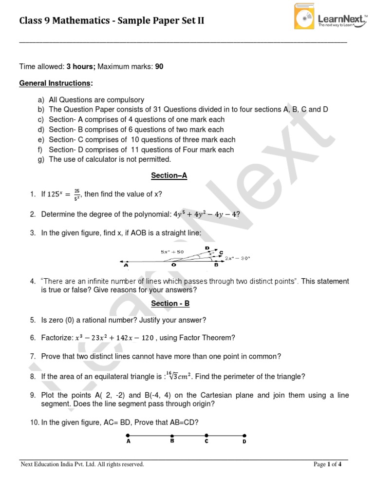 Class 9 Maths Set II Sample Papers | PDF | Triangle | Area