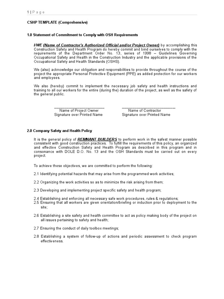 CSHP Template Comprehensive | Occupational Safety And Health | Personal ...