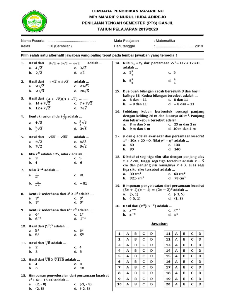 Soal Pts MTK Kelas 9 | PDF