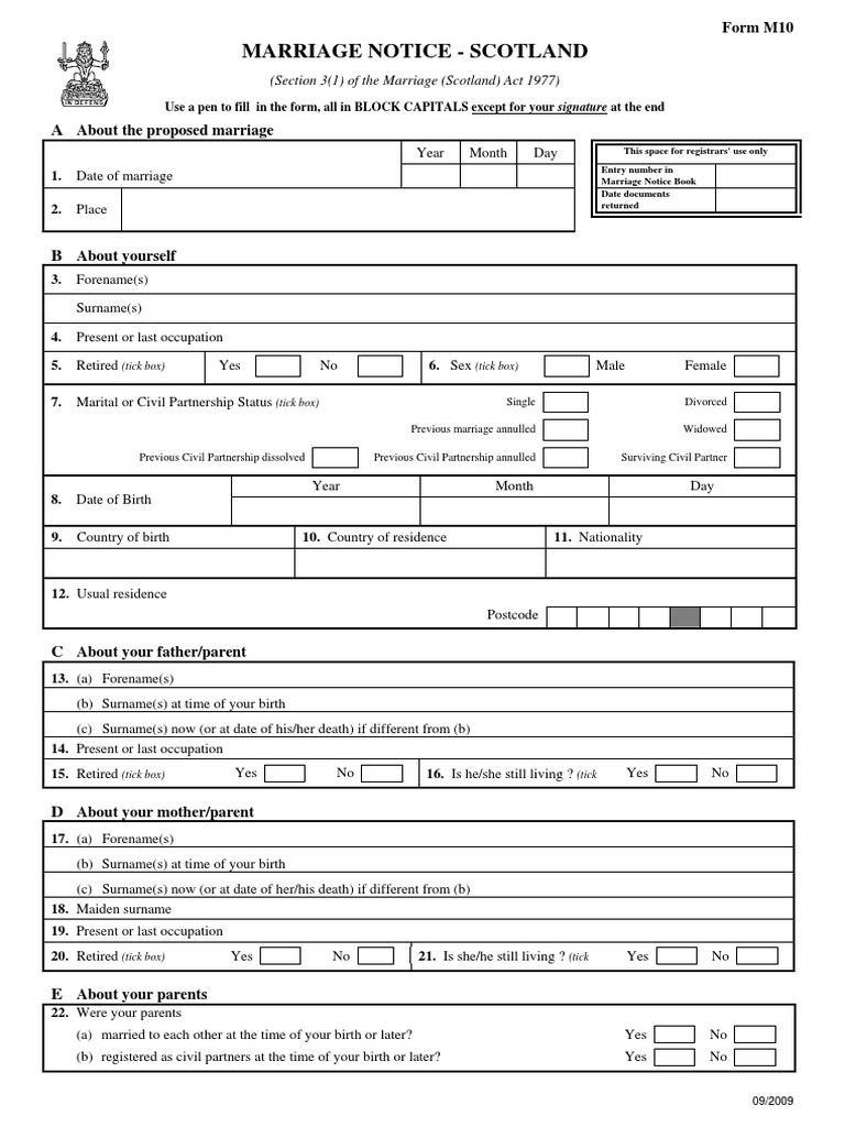 Marriage Notice - Scotland: Form M10 | PDF | Annulment | Marriage