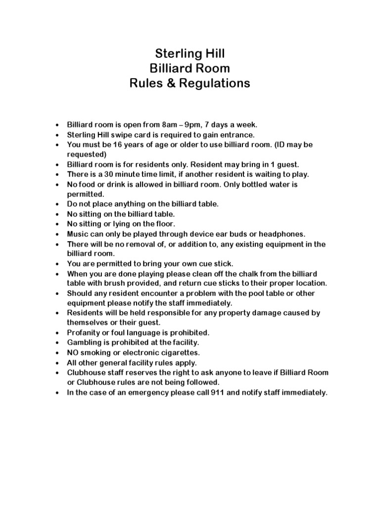 Sterling Hill Billiard Room Rules | PDF