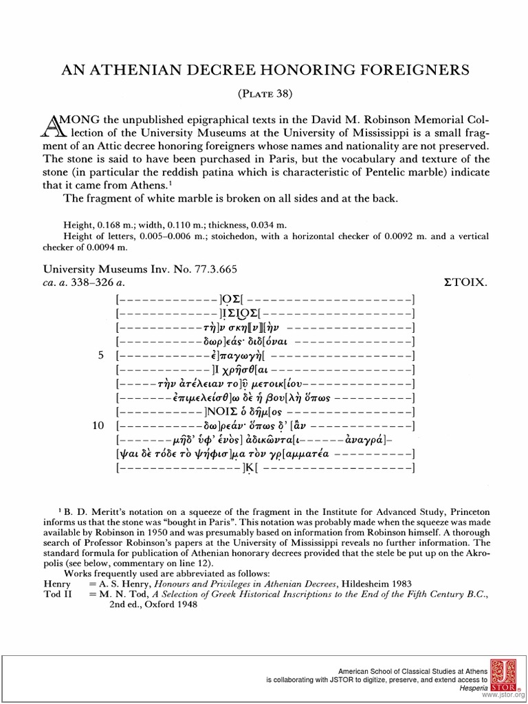 An Athenian Decree Honoring Foreigners | PDF | Epigraphy | Classical ...