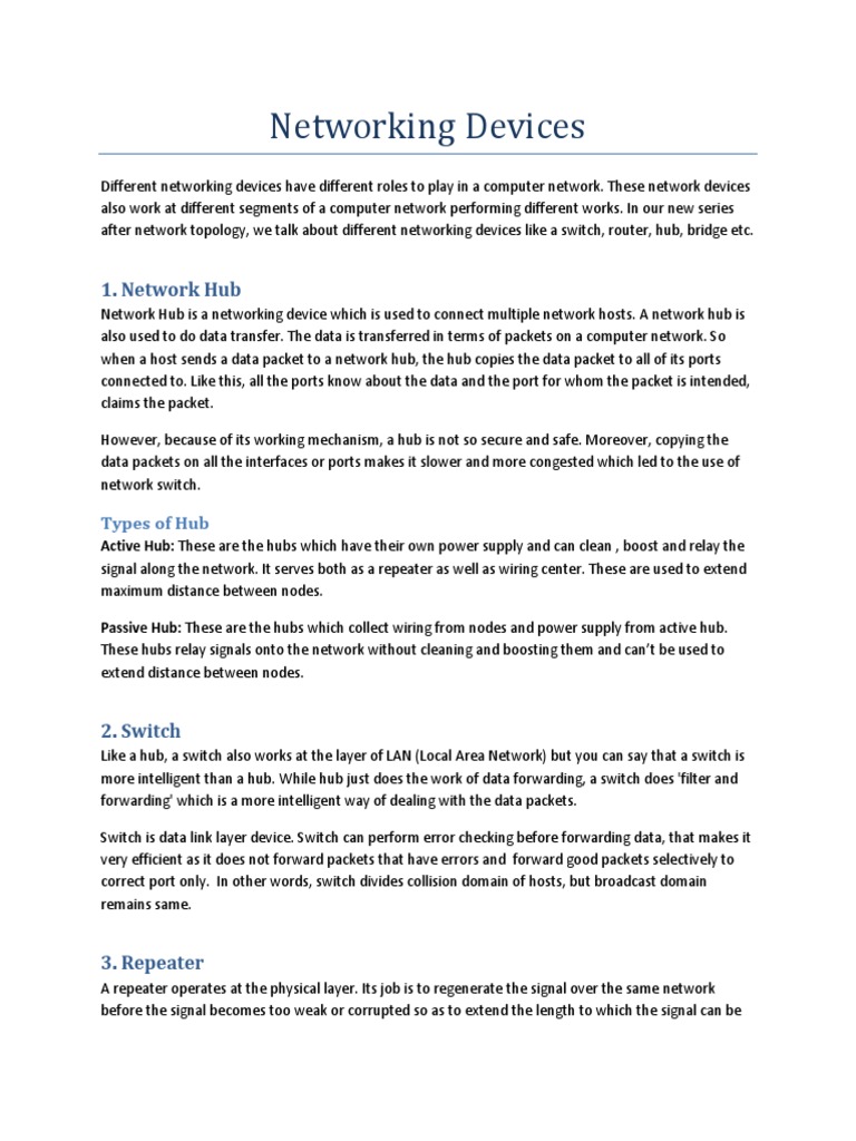 Networking Devices: 1. Network Hub | PDF | Network Switch | Computer ...