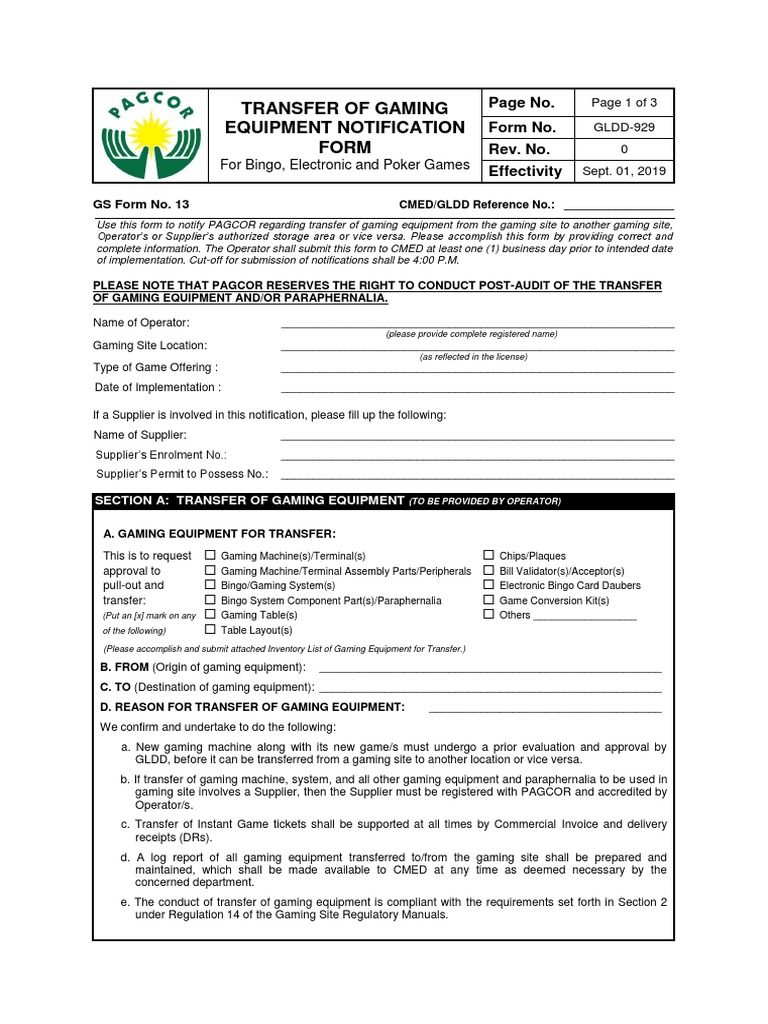 PAGCOR Gaming Equipment Transfer Form | PDF | Business