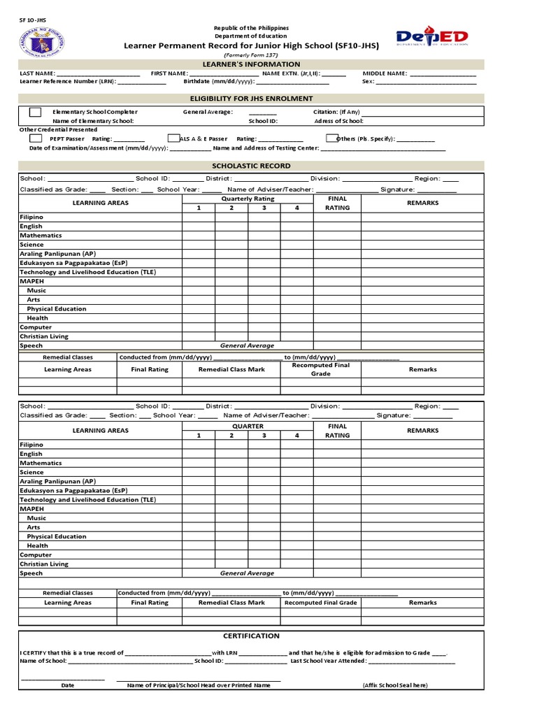 School Form 10 SF10 Learner's Permanent Academic Record For Junior High ...