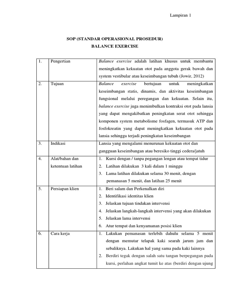 Lampiran 1. Sop Balance Exercise | PDF