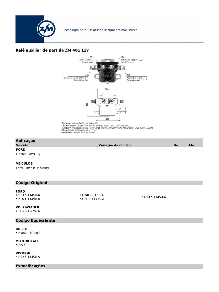 Relé de Partida ZM 401: Especificações e Aplicações | PDF