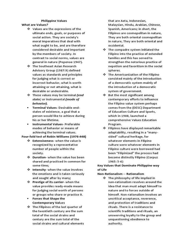 Philippine Values Handout | PDF | Value (Ethics) | Philippines