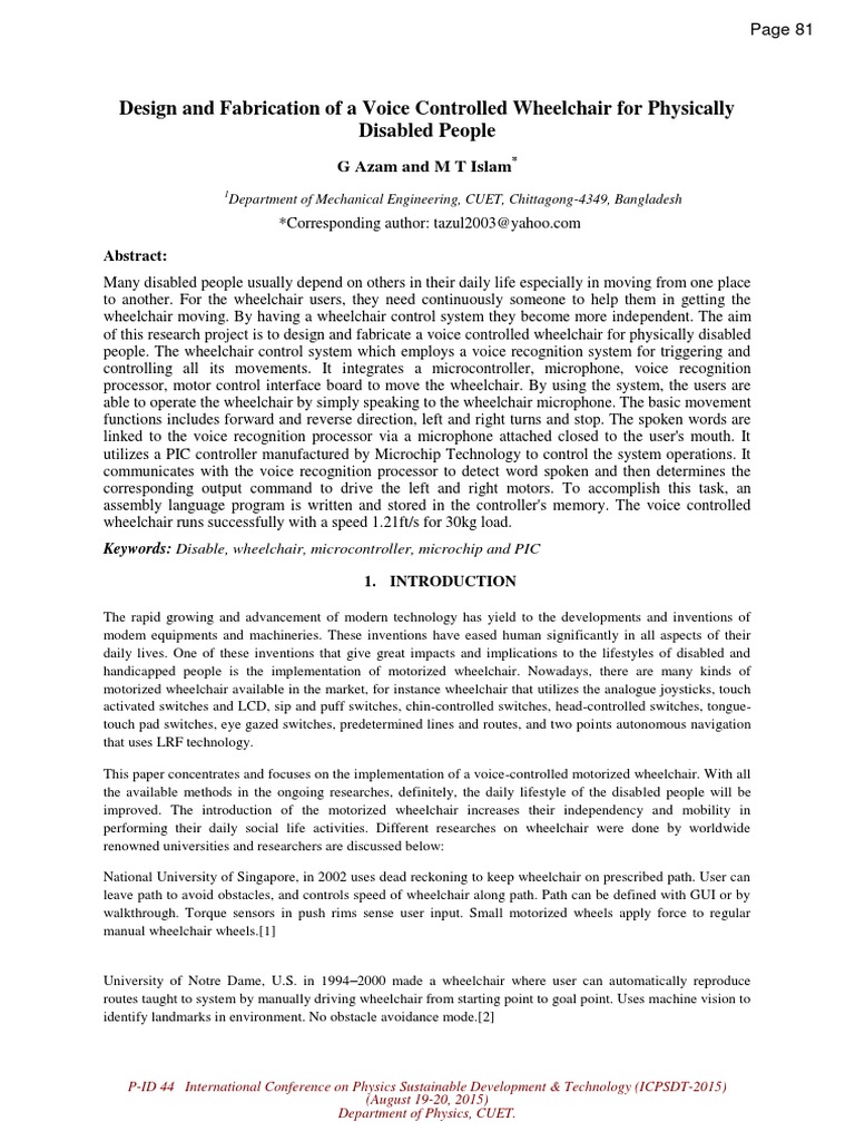 Design and Fabrication of A Voice Controlled Wheelchair For Physically ...