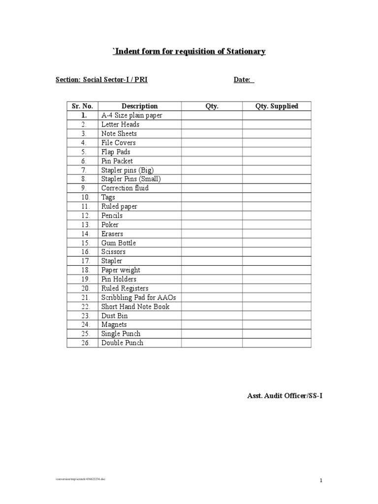 'Indent Form For Requisition of Stationary: Section: Social Sector-I ...