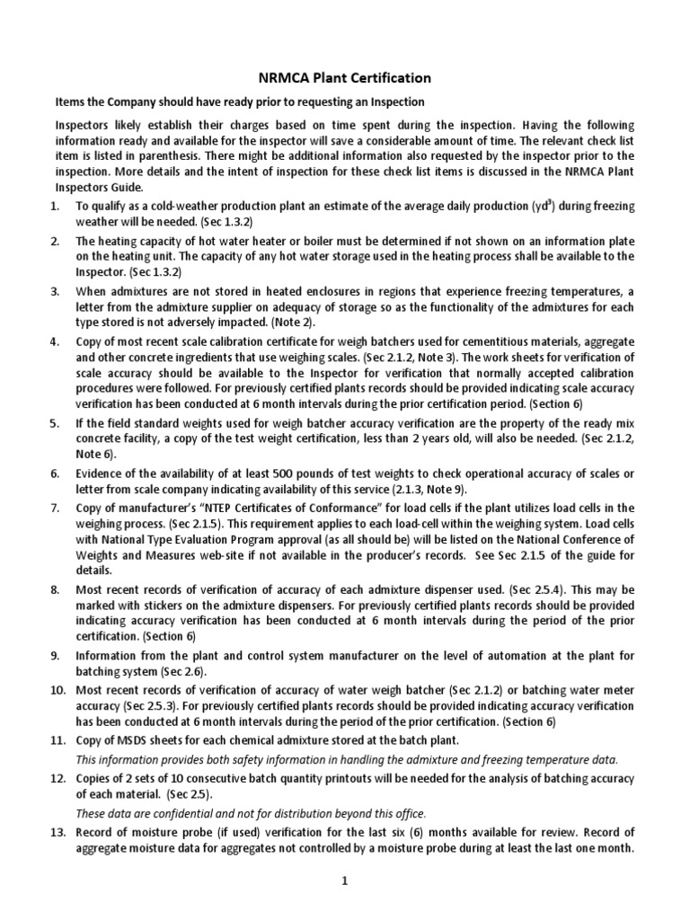 NRMCA Plant Certification: Items The Company Should Have Ready Prior To ...