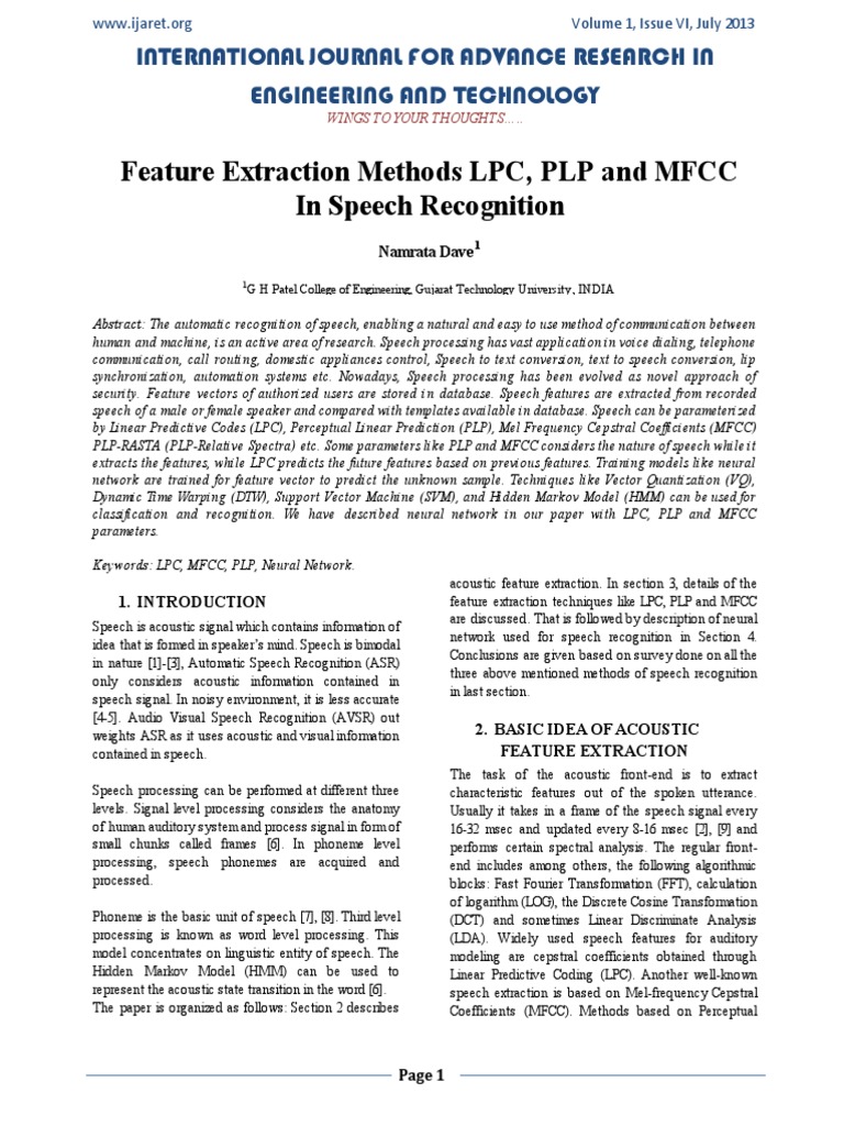 Feature Extraction Methods Lpc Plp And Mfcc In Speech Recognition