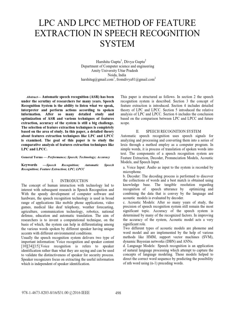 LPC AND LPCC FEATURE EXTRACTION COMPARISON | PDF | Speech Recognition ...