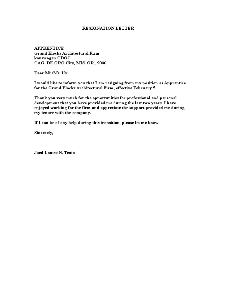 Apprentice Resignation Letter | PDF