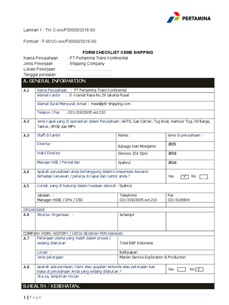 Questioner CSMS PT - Pertamina | PDF