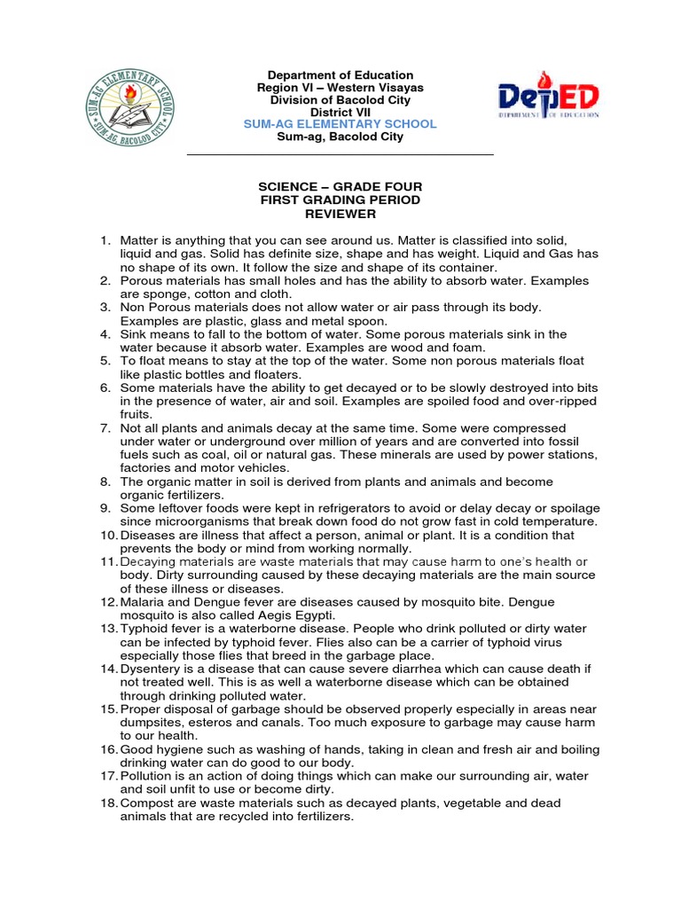 Grade 4 Science First Quarter Reviewer | PDF | Seed | Digestion