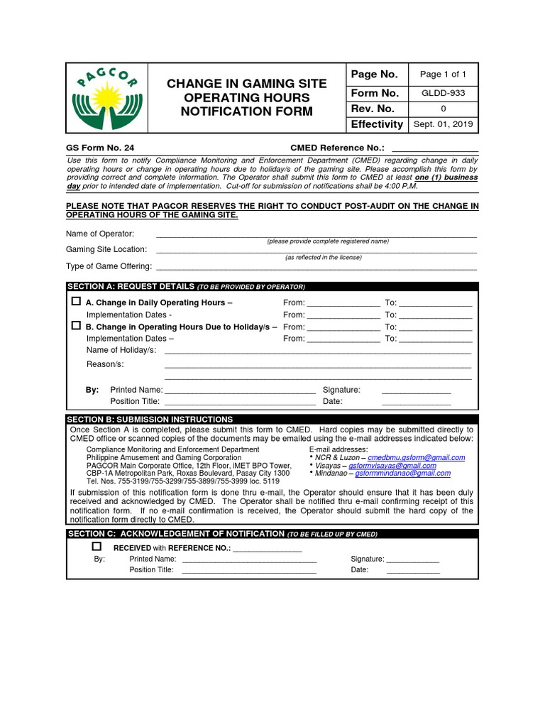 GS Form No. 24 - Change in Gaming Site Operating Hours Notification ...