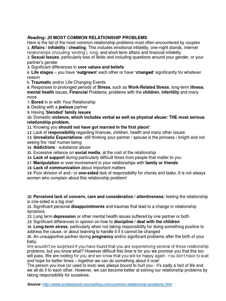 Reading: 25 Most Common Relationship Problems | PDF | Infidelity ...