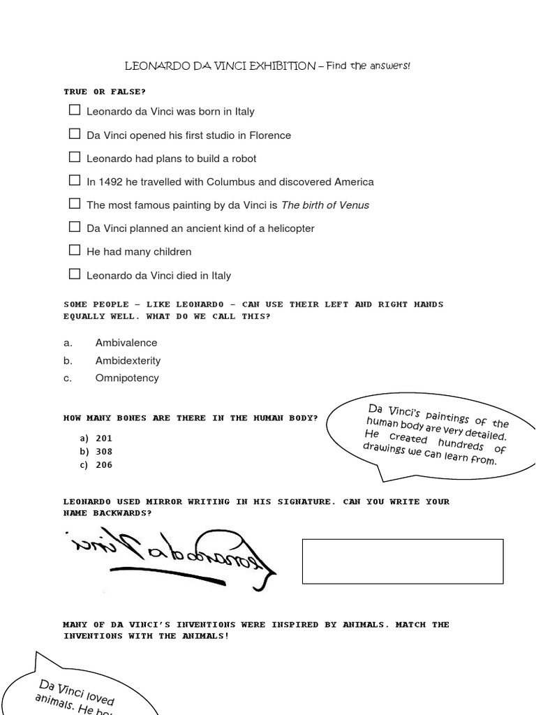 Leonardo da Vinci Worksheet Activities | PDF