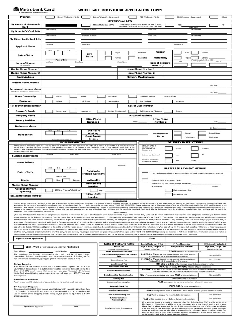 Wholesale Individual Application Form | PDF | Master Card | Credit Card