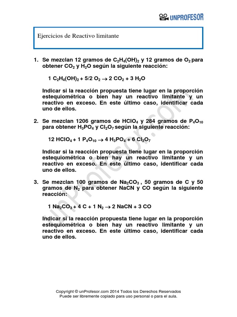 Ejercicio Ejercicios de Reactivo Limitante 971 | PDF