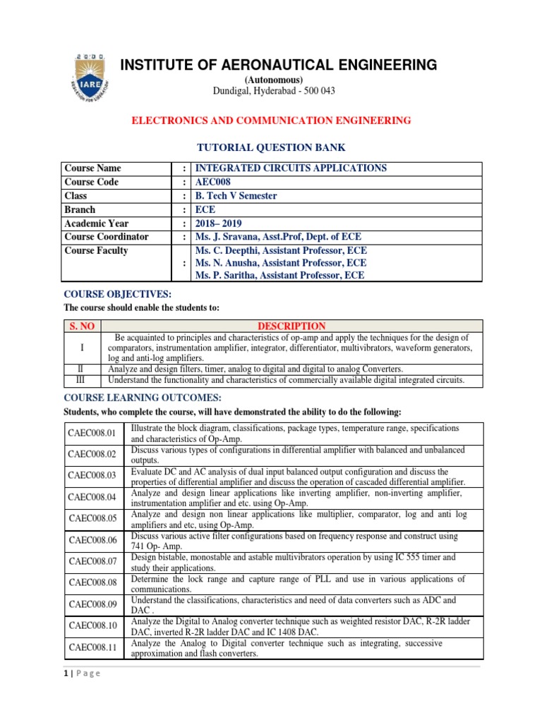 Integrated Circuits Tutorial Question Bank | PDF | Operational Amplifier | Amplifier
