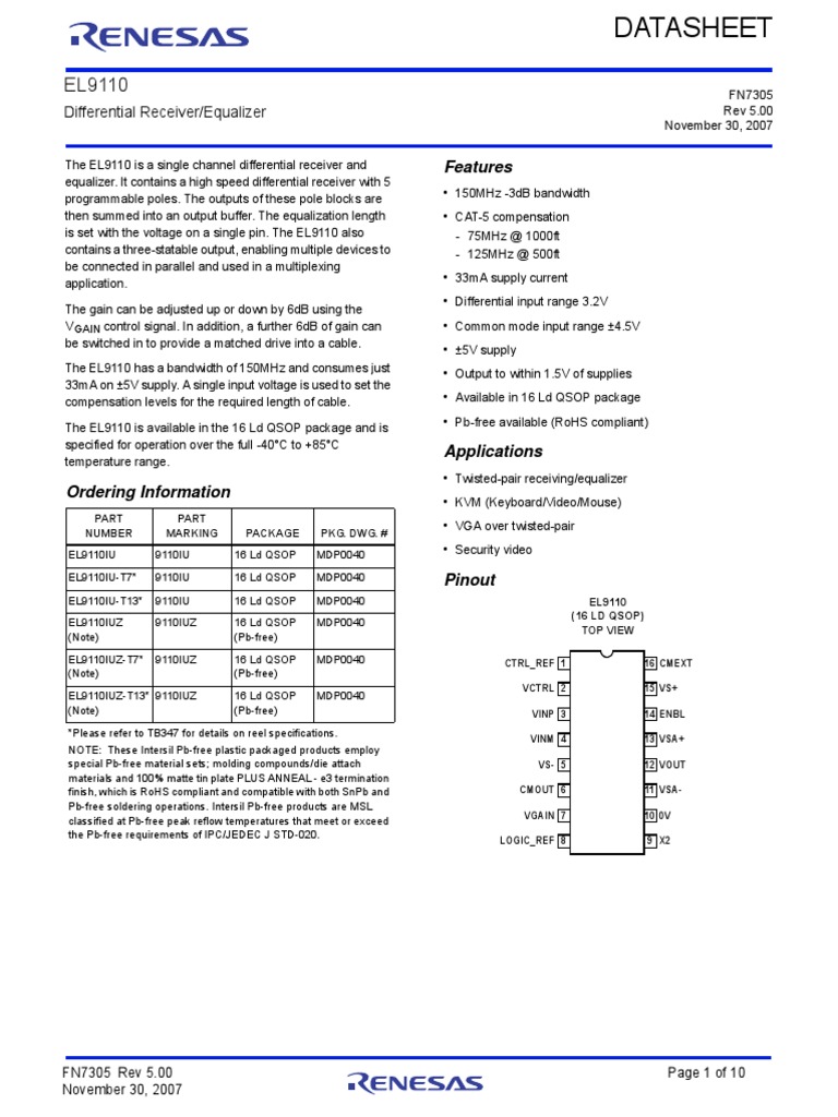 Features: Differential Receiver/Equalizer | PDF | Coaxial Cable | Amplifier